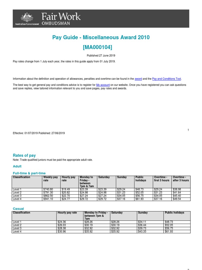 Pay rates for Miscellaneous Award 2010 | PDF | Overtime | Working Time