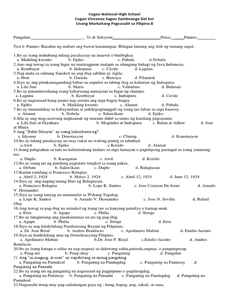 Grade 8 1st Grading Exam Sa Filipino 8 | PDF