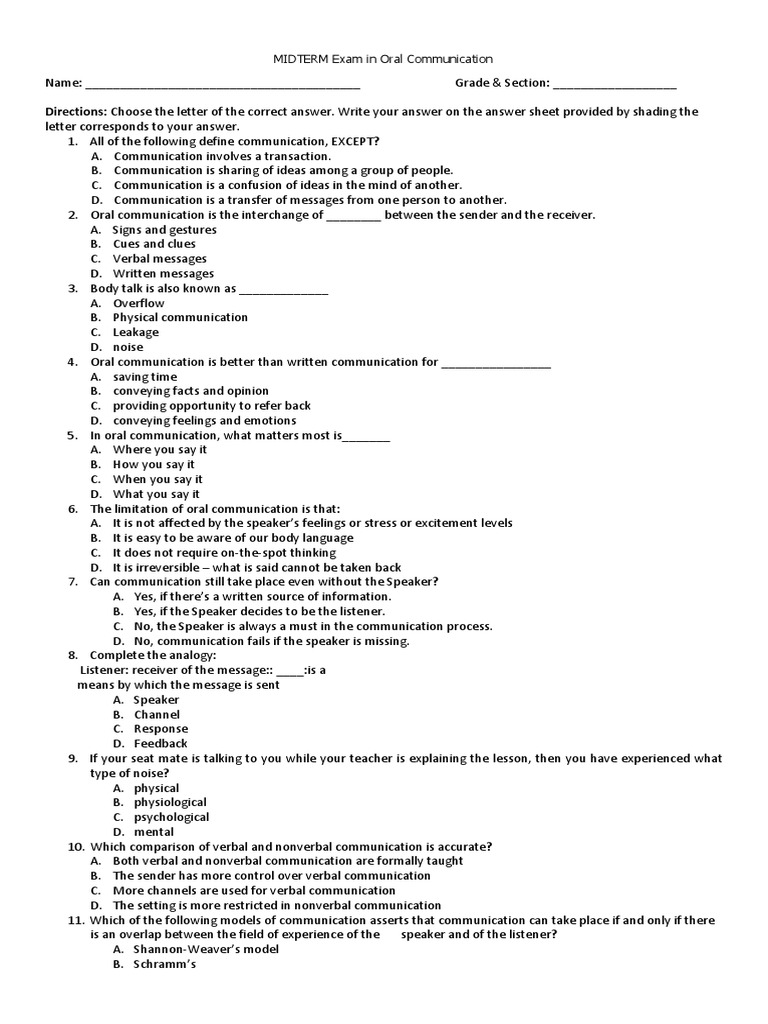 Grade 11 Oral Communication Midterm Exam | PDF | Nonverbal ...