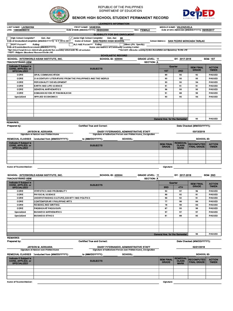 Senior High School Student Permanent Record: Republic of The ...