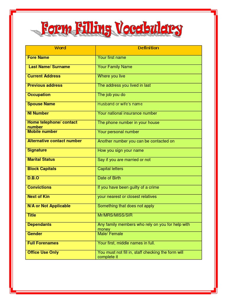 Form Filling Vocabulary 75924 | PDF