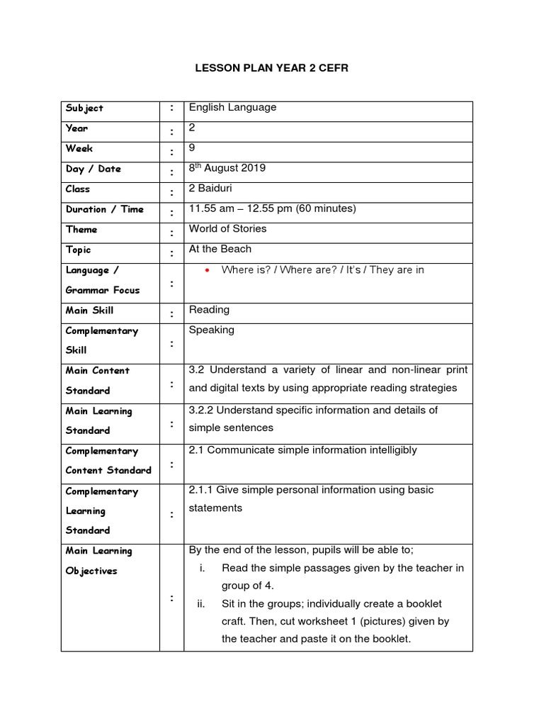 Lesson Plan Year 2 Cefr | PDF | Lesson Plan | Behavior Modification