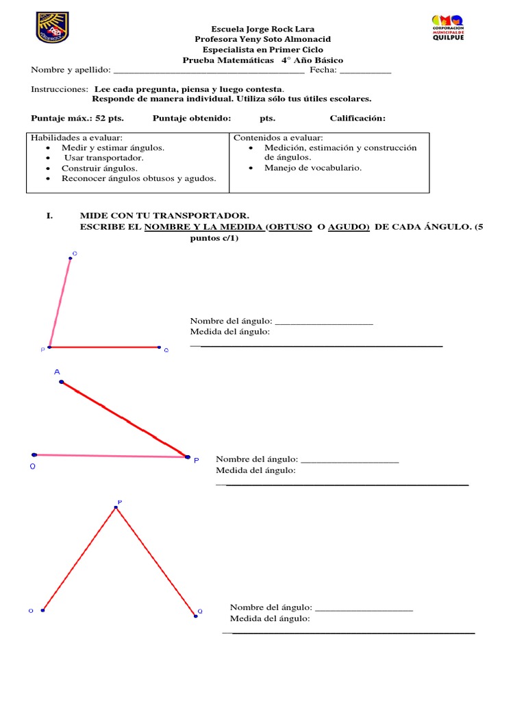 Prueba Matemáticas Angulos CUARTO BASICO | Geometría | Enseñanza de ...