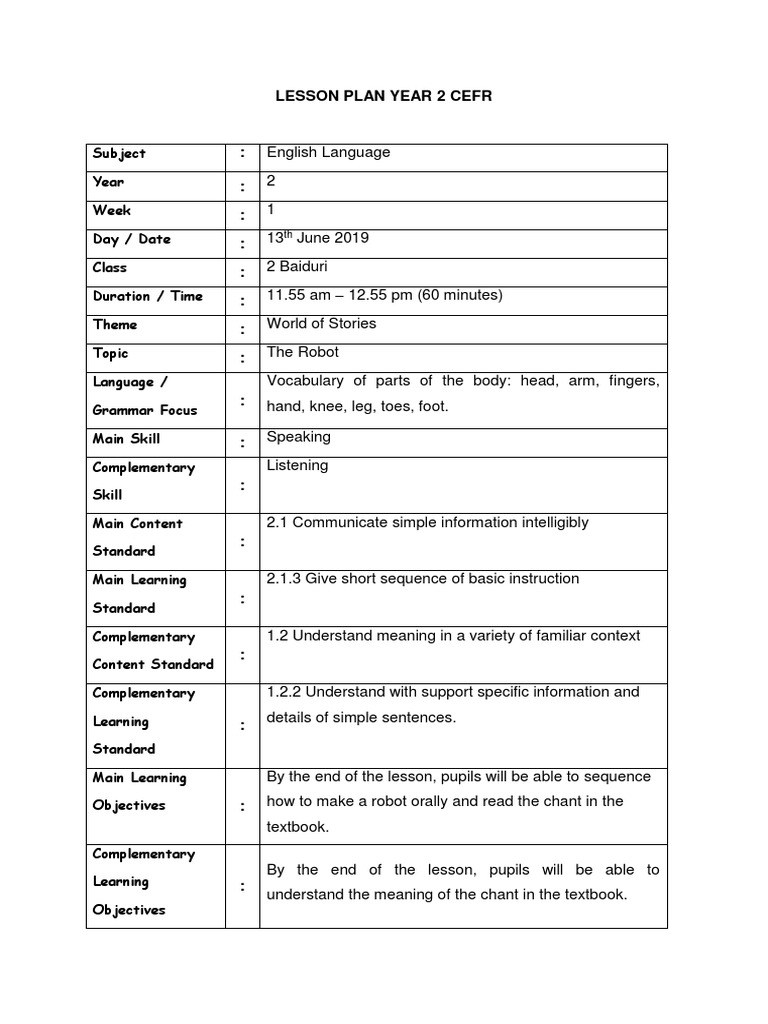 Year 2 English Lesson Plan CEFR | PDF | Lesson Plan | Robot