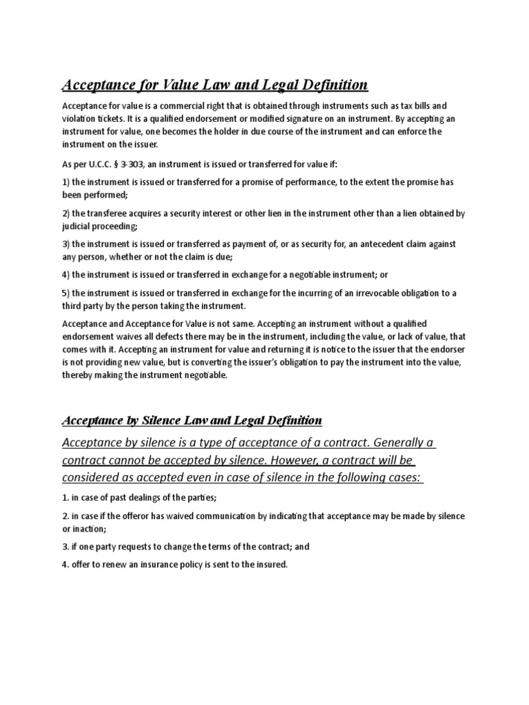 Acceptance For Value Law and Legal Definition | PDF