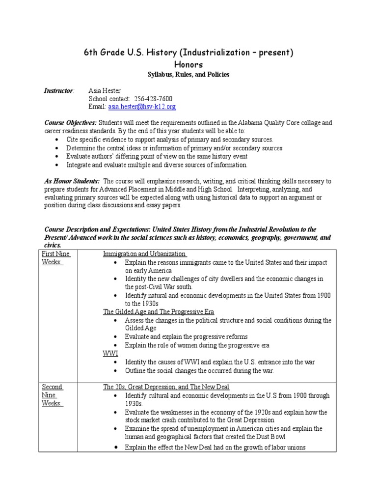Us History Syllabus 2019 - 6th Grade Honors | PDF | Homework | The ...