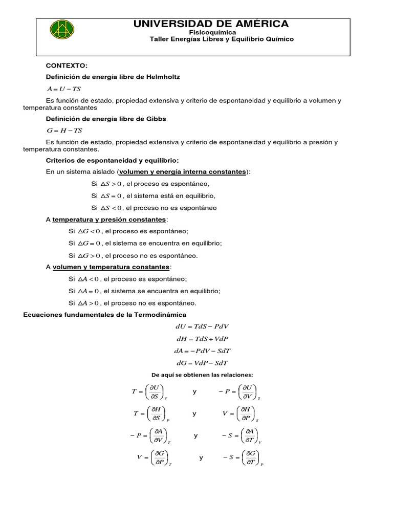 Taller Fisicoquimica (Energia Libre de Gibbs) | PDF | Equilibrio químico | Gases