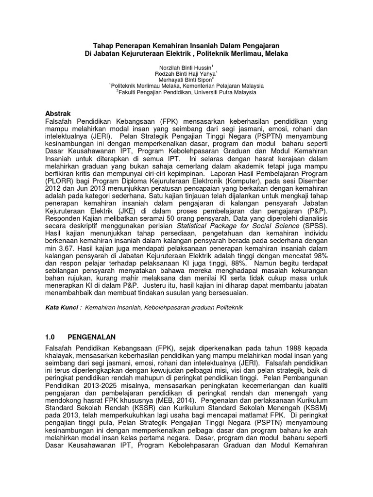 Tahap Penerapan Kemahiran Insaniah Dalam PDF | PDF