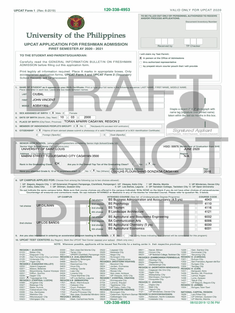 Upcat Form | PDF | Academia