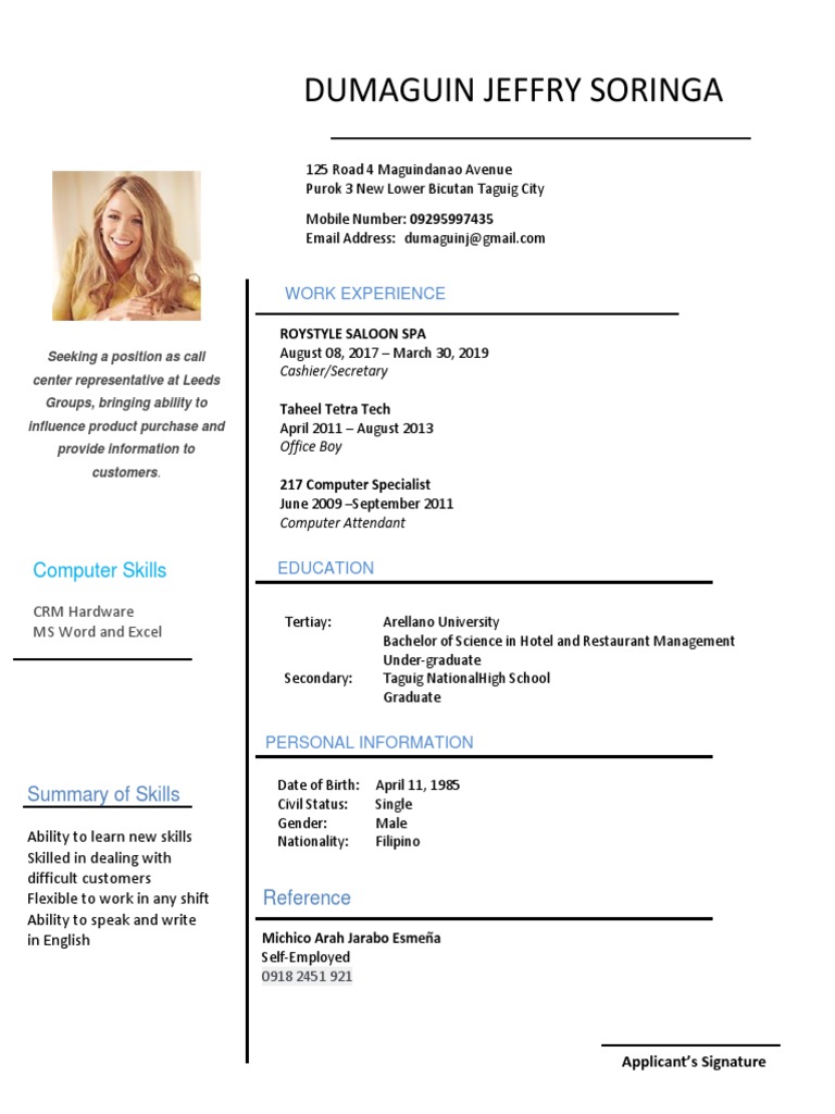 Dumaguin Jeffry Soringa: Work Experience | PDF