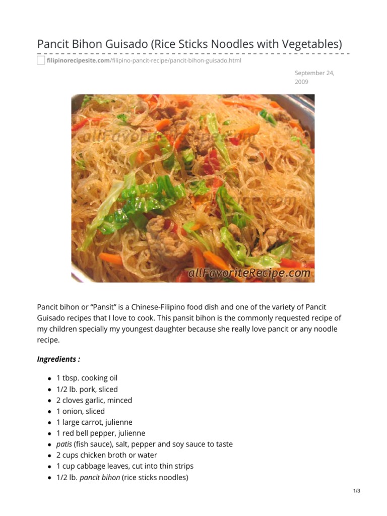 Pancit Bihon Guisado Rice Sticks Noodles With Vegetables | PDF | Stir ...