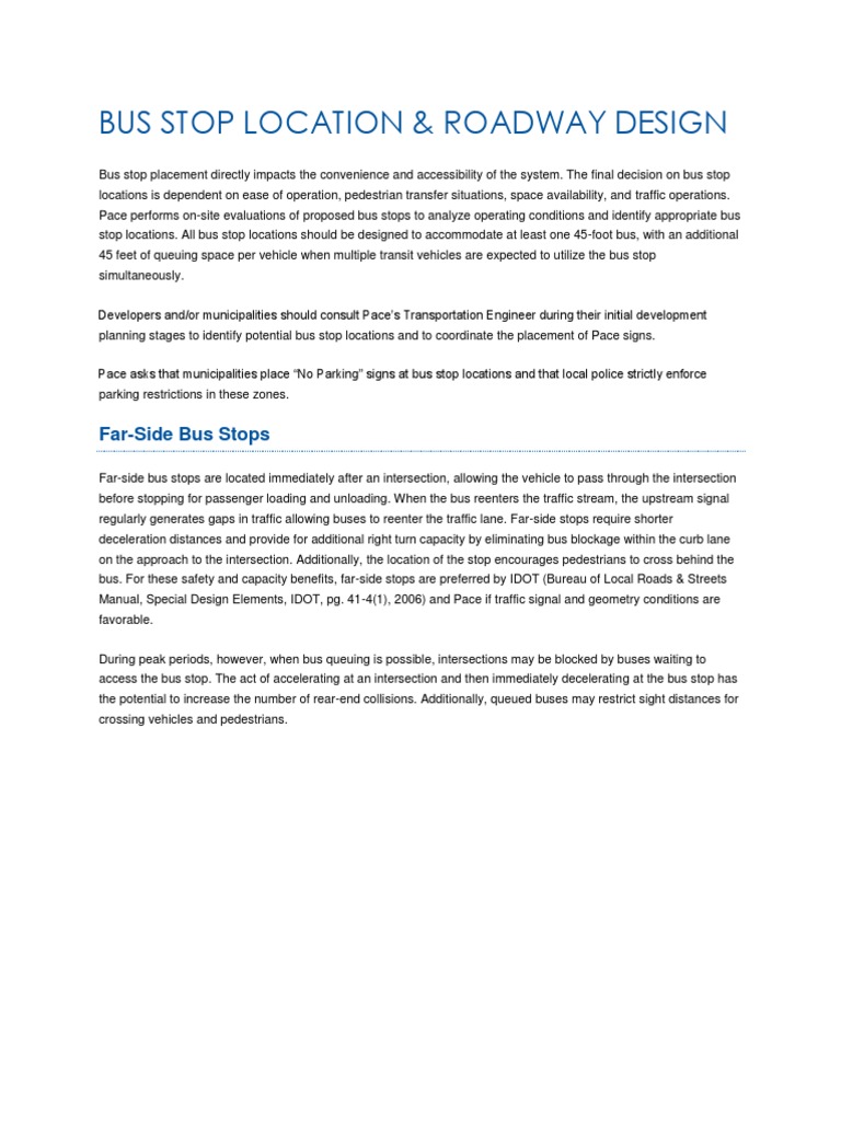 Bus Stop Design and Placement Guidelines | PDF | Traffic | Bus