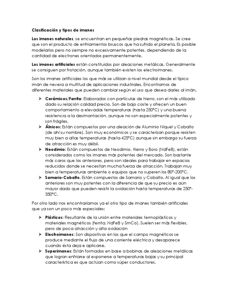 Clasificación y Tipos de Imanes | PDF | Magnetismo | Campo magnético