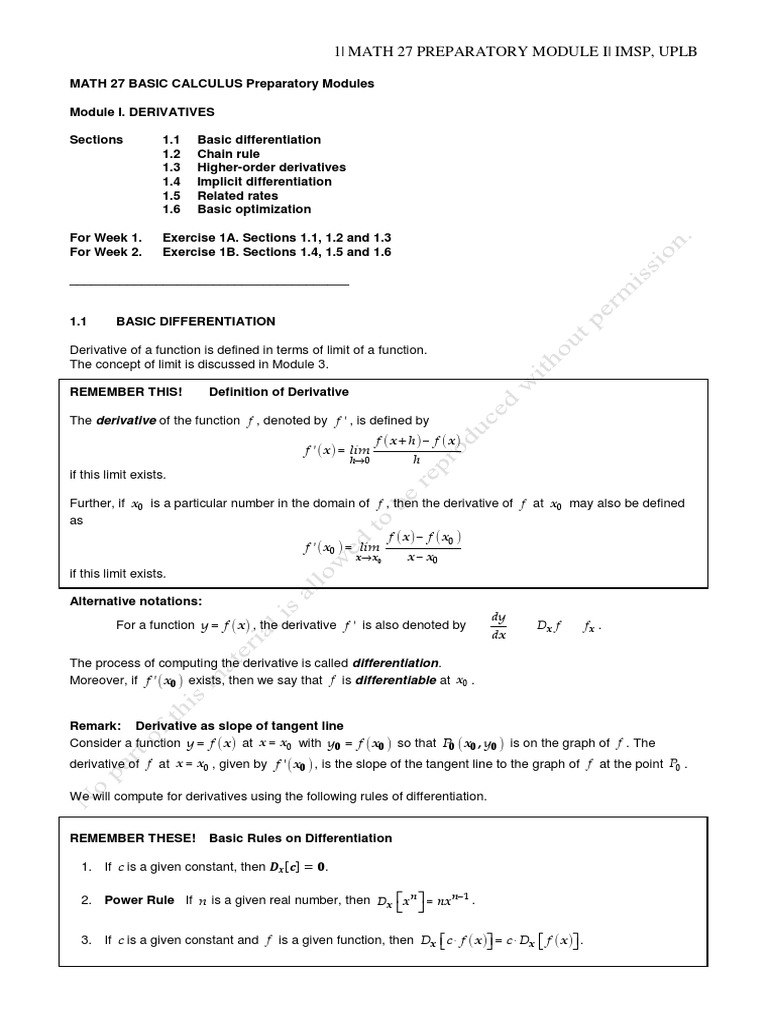 1 - Math 27 Preparatory Module I - Imsp, Uplb: FXH FX F ' X Lim H | PDF ...