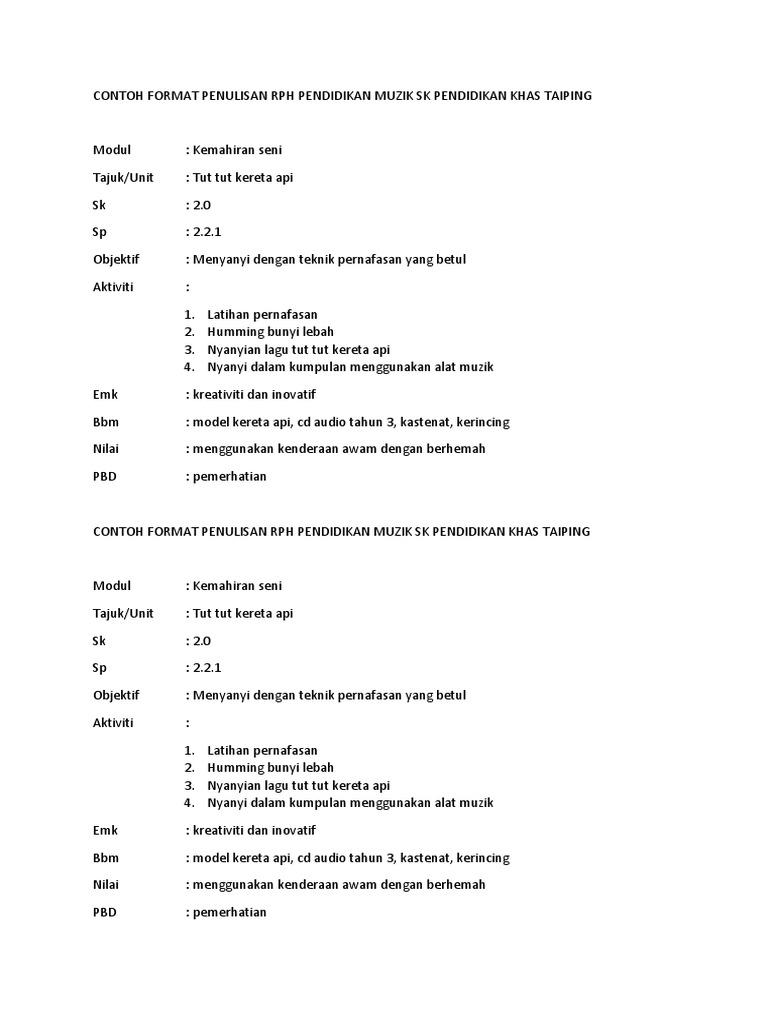 Contoh Format Penulisan RPH Pendidikan Muzik SK Pendidikan Khas Taiping ...