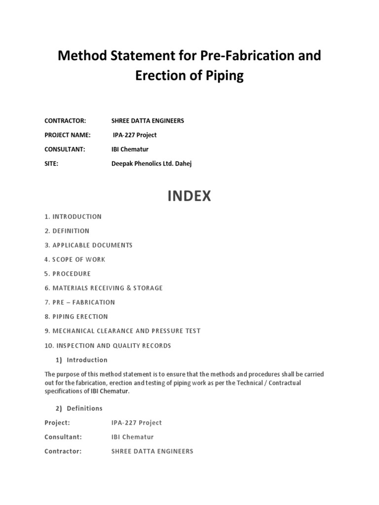 Method Statement of Ipa-227 Piping Works | PDF | Metal Fabrication ...