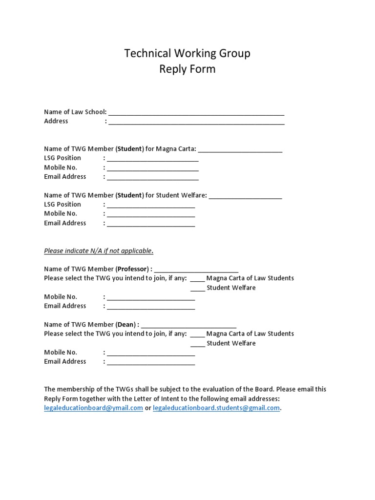 Technical Working Group Reply Form: Please Indicate N/A If Not ...