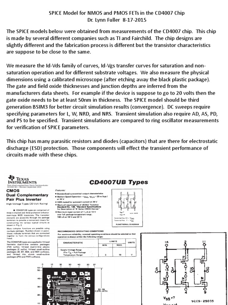 SPICE Model For NMOS and PMOS FETs in The CD4007 Chip Dr. Lynn Fuller 8 ...