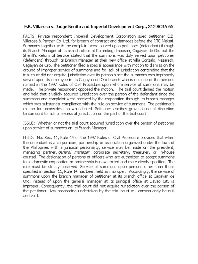 EB Villarosa v. Judge Benito | PDF | Complaint | Summons