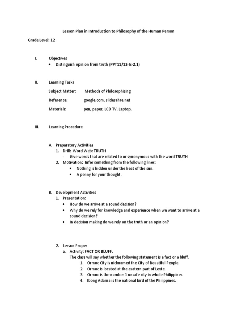 Lesson Plan in Introduction To Philosophy of The Human Person ...