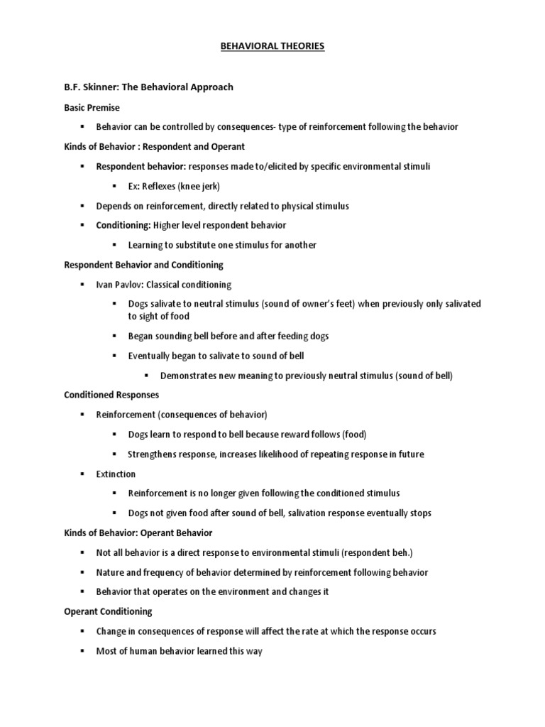 Summary of Behavioral Theories | PDF | Classical Conditioning | Reinforcement