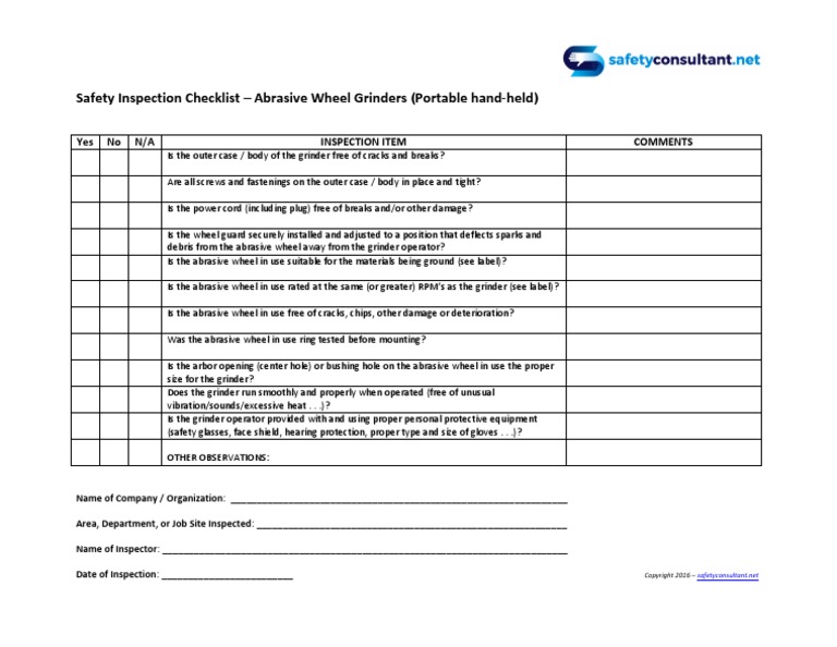 Safety Inspection Checklist Abrasive Wheel Grinders Portable | PDF