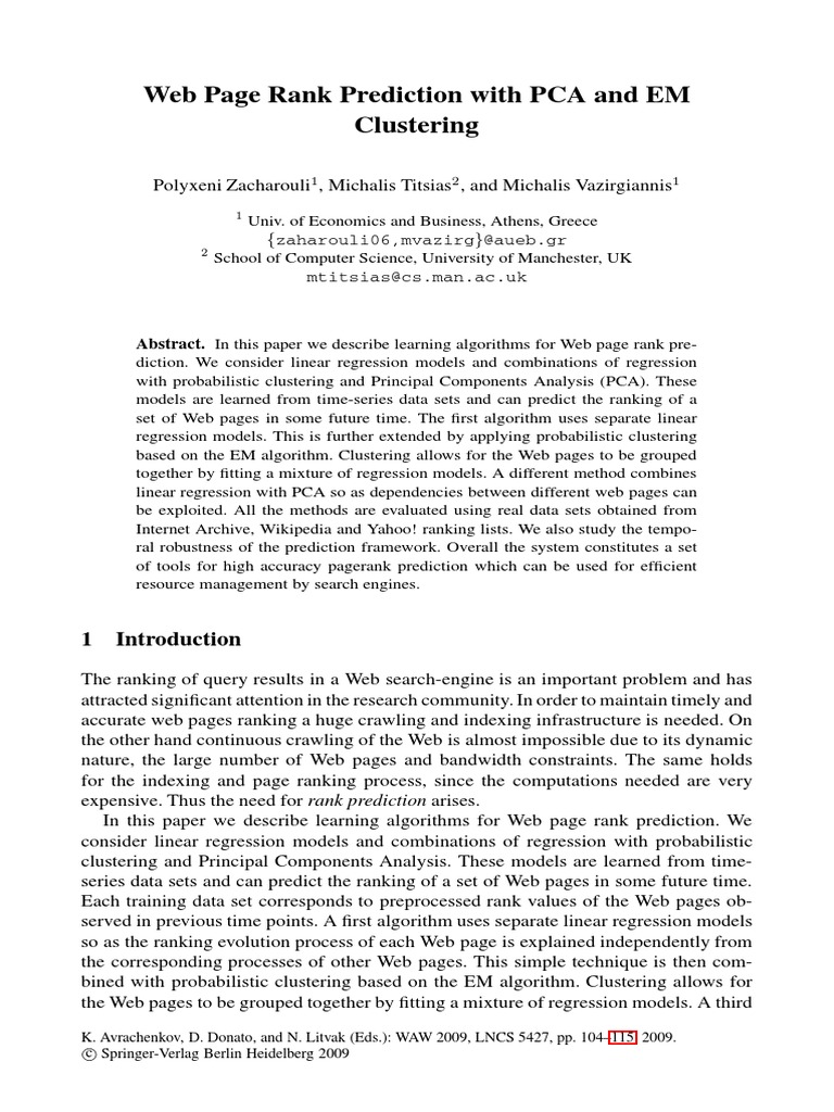 Web Page Rank Prediction With PCA and EM Clustering: Zaharouli06, Mvazirg @ | PDF | Principal ...