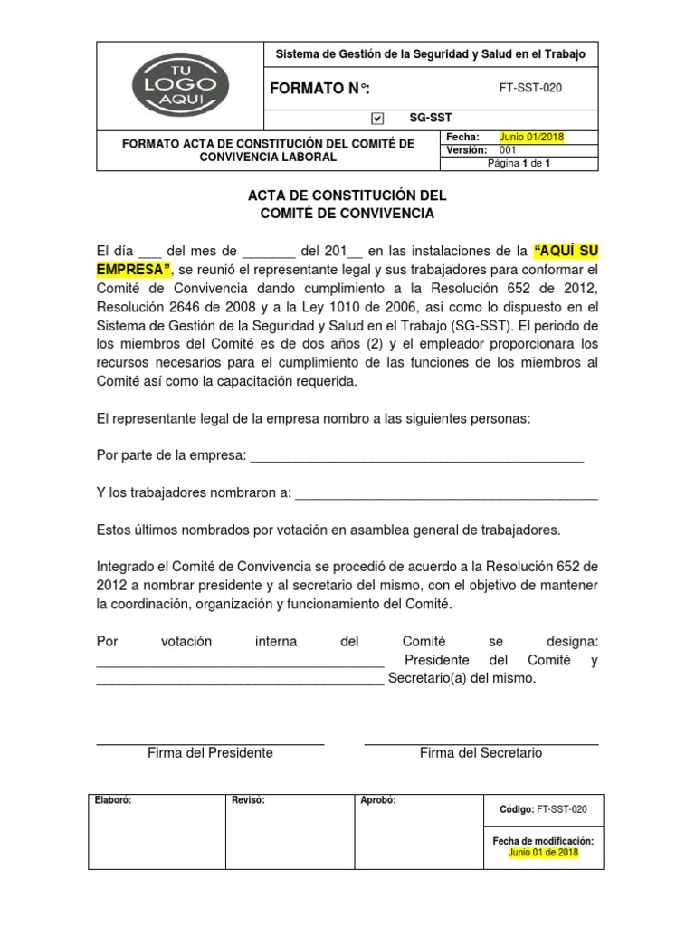 FT-SST-020 Formato Acta de Constitución Del Comité de Convivencia Laboral | PDF