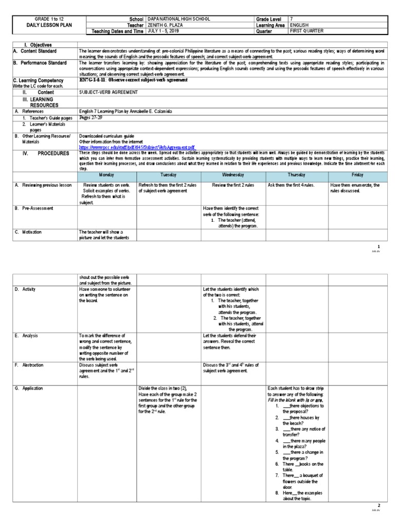 Subject-Verb Agreement DLP | PDF | Lesson Plan | Teaching