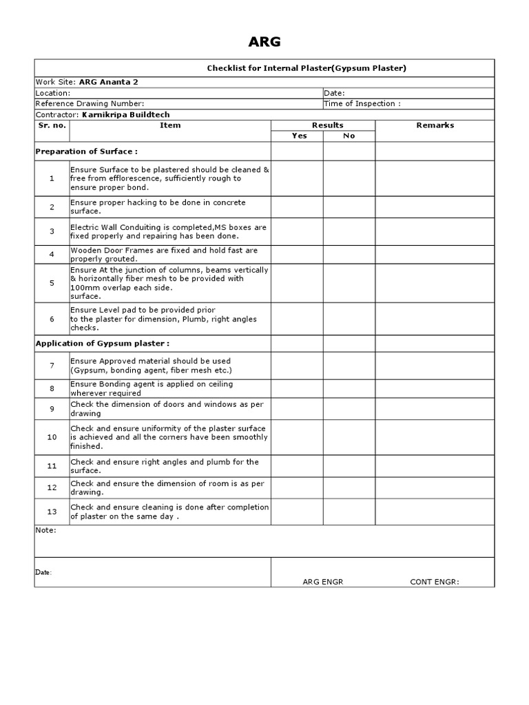 Gypsum Plaster Checklist | PDF | Plaster | Door