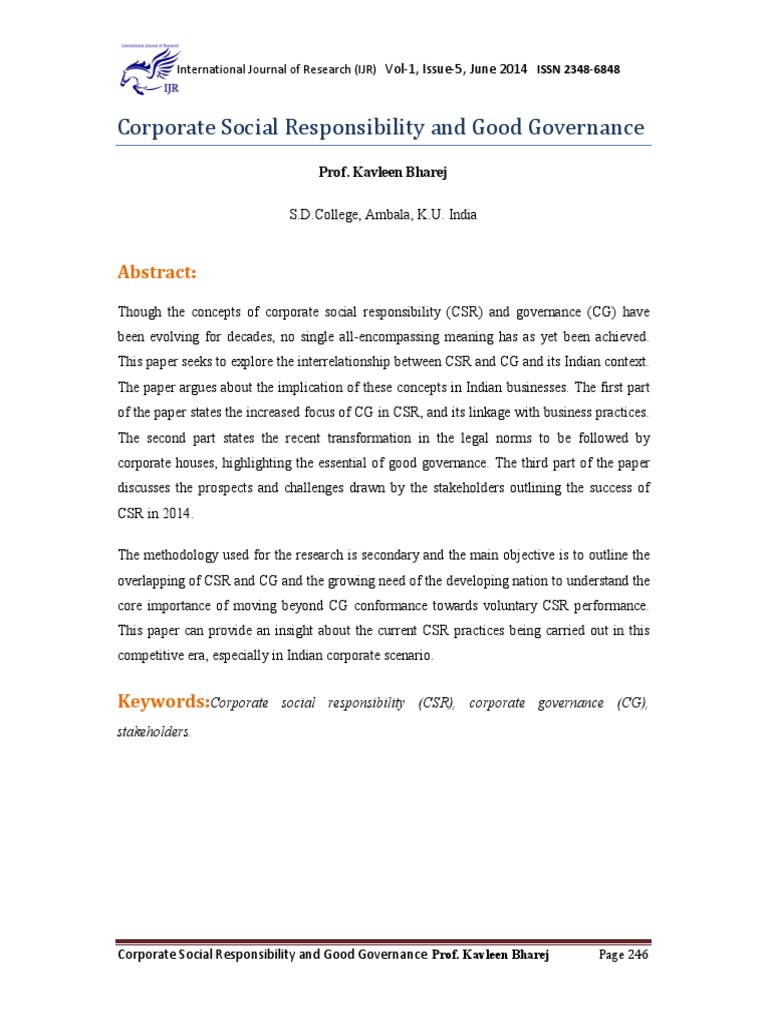 Corporate Social Responsibility and Good Governance: Abstract | PDF ...