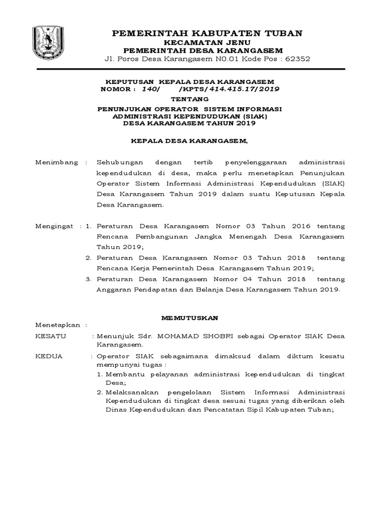 Penunjukan Operator SIAK Desa Karangasem | PDF
