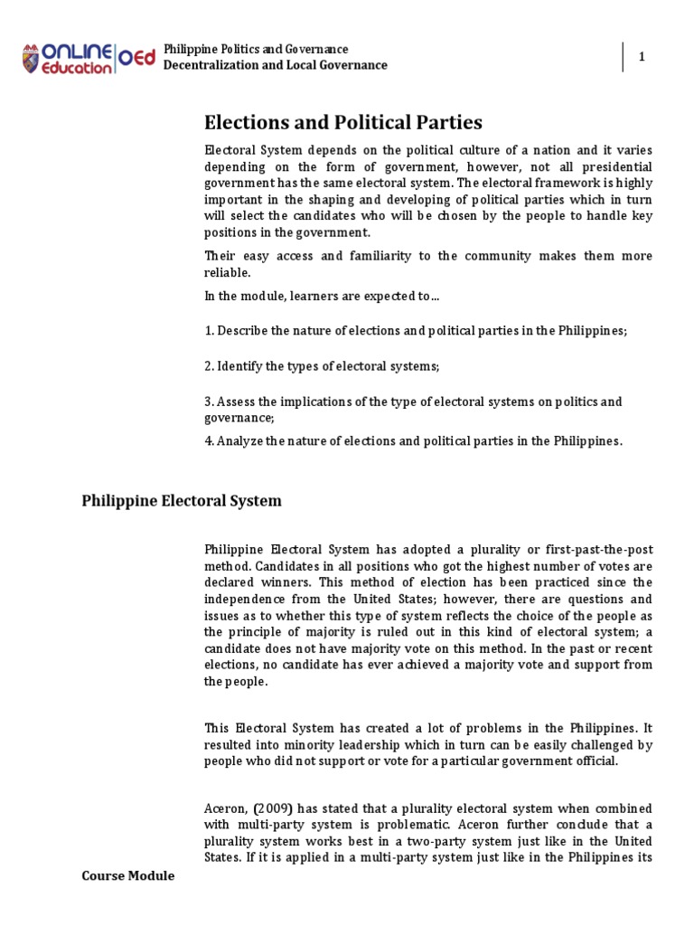 Analysis of the Philippine Electoral System and Party System: Exploring ...