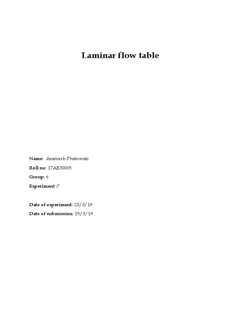Laminar Flow Table: Name: Animesh Phatowali Roll No: 17AE30005 Group: 6 ...