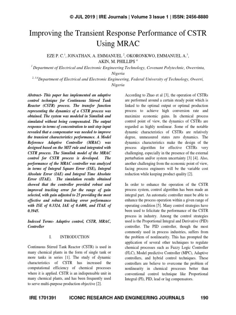 Improving The Transient Response Performance of CSTR Using MRAC | PDF | Control Theory ...