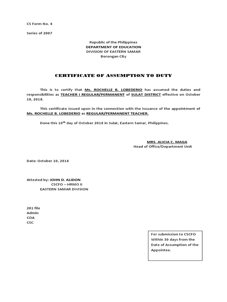 Certificate of Assumption of Duties for Rochelle B. Lobedero as Teacher ...