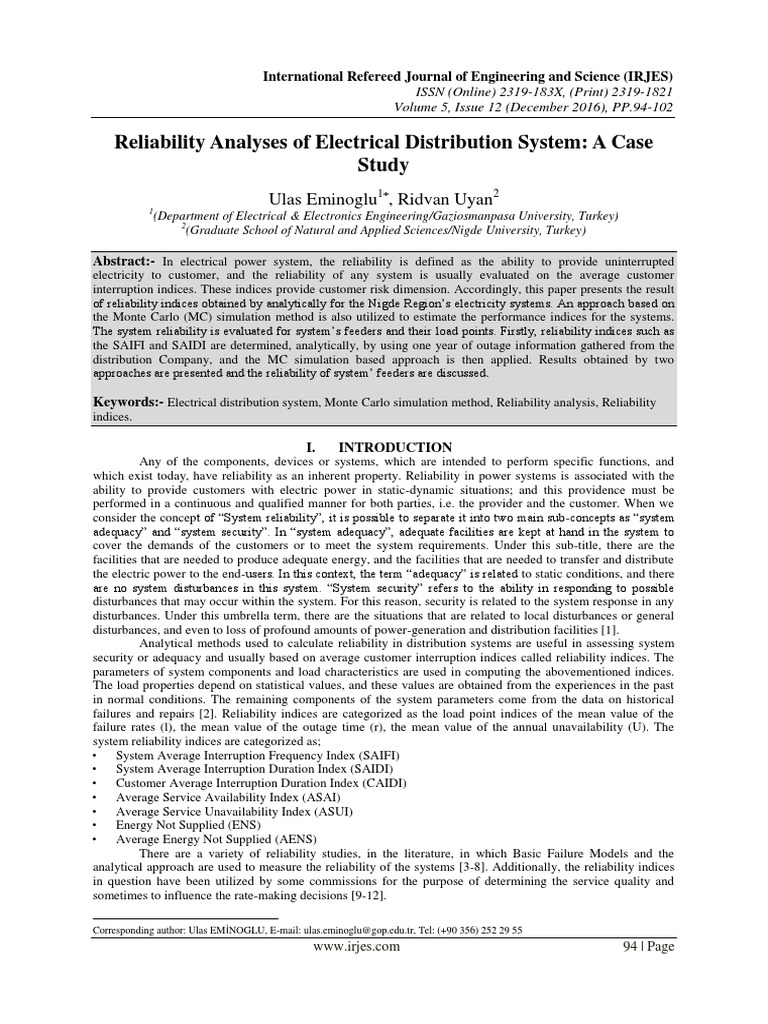 Reliability Analyses of Electrical Distribution System: A Case Study ...