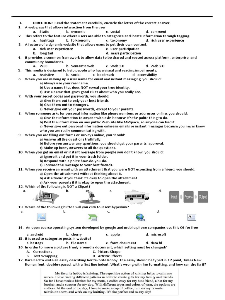 I. DIRECTION: Read The Statement Carefully, Encircle The Letter of The ...