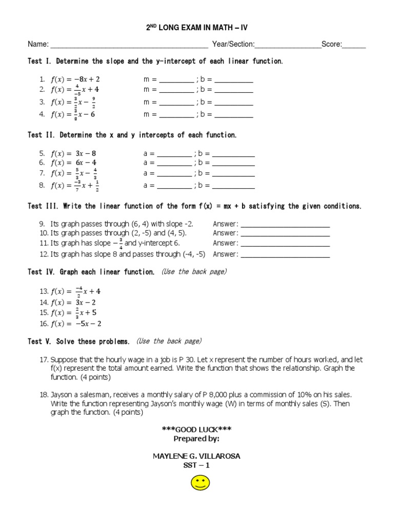 Math exam with linear functions & graphing | PDF | Theoretical Computer ...