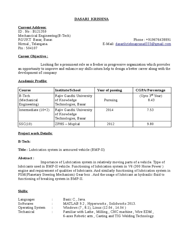 Krishna Resume Updated - Odt | PDF | Mechanical Engineering | Engineering