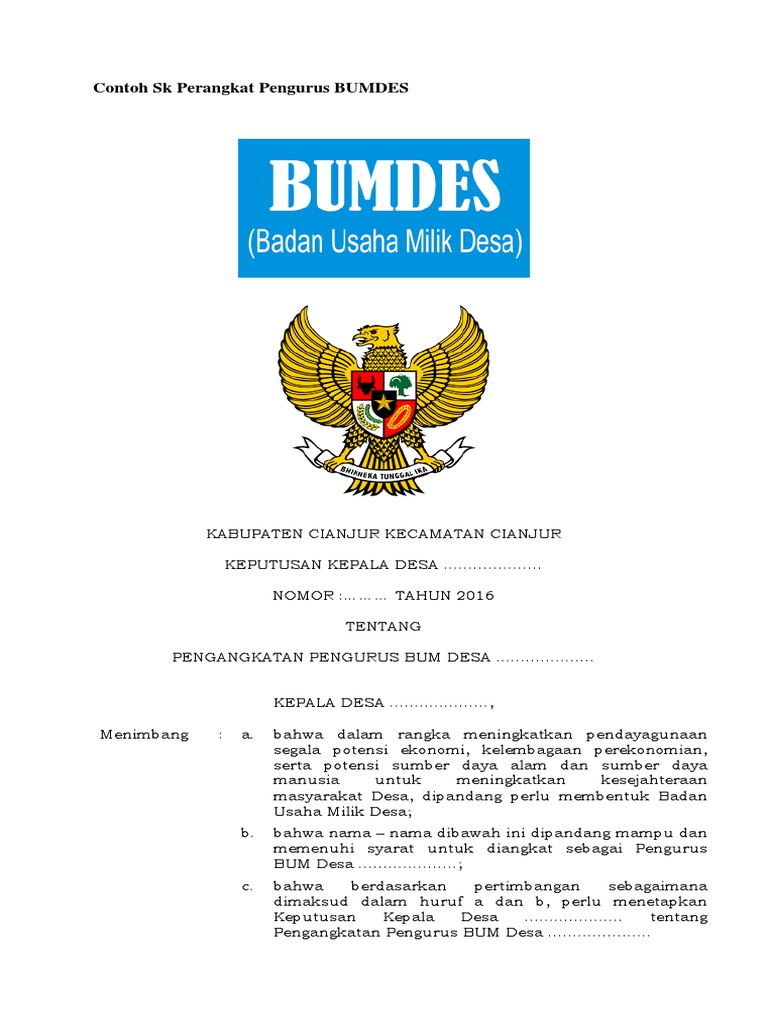 Contoh SK Perangkat Pengurus BUMDES | PDF