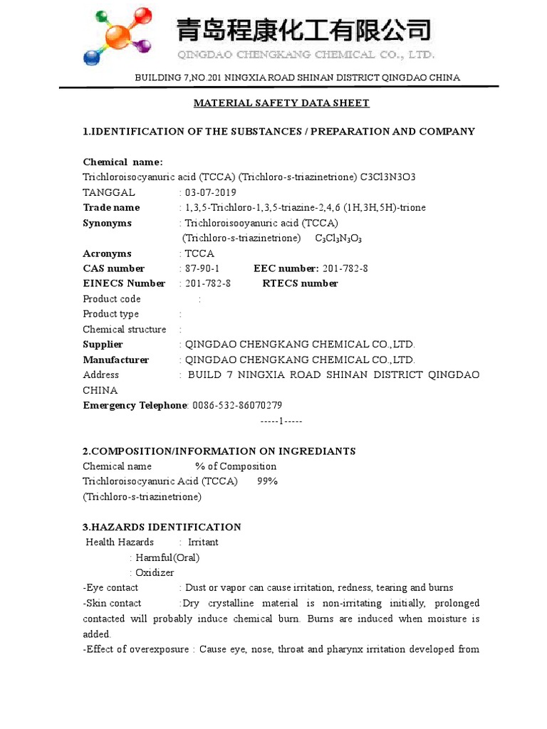 MSDS Tcca | PDF | Chlorine | Water