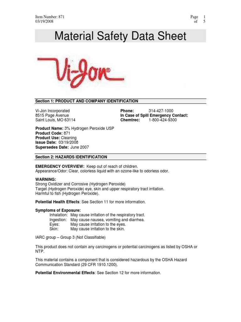 Material Safety Data Sheet | PDF | Combustion | Hydrogen Peroxide