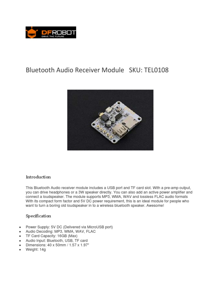 Bluetooth Audio Receiver Module SKU: TEL0108 | PDF | Bluetooth | Headphones