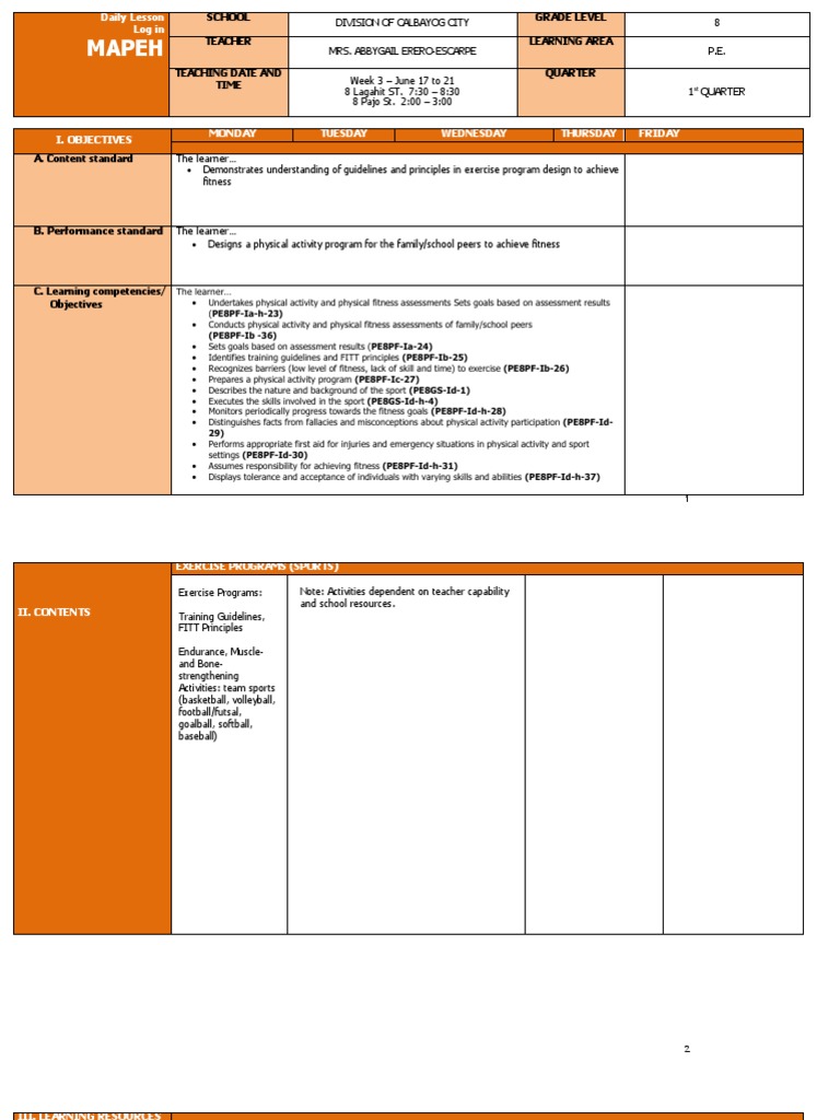 Grade 8 - PE Week 3 | PDF | Physical Education | Teachers