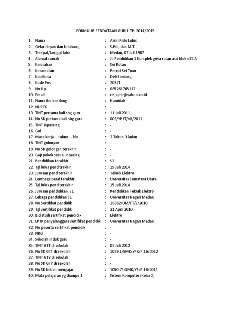 Formulir Pendataan Guru TP | PDF