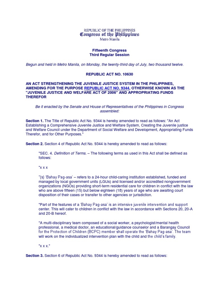 RA 10630 Amendment of RA 9344 | PDF | Juvenile Delinquency | Child Custody