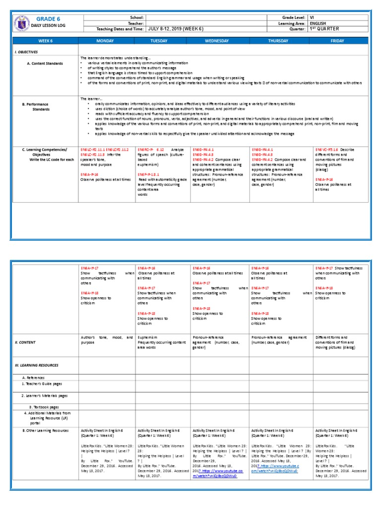 Grade 6: Week 6 Monday Tuesday Wednesday Thursday Friday | PDF ...
