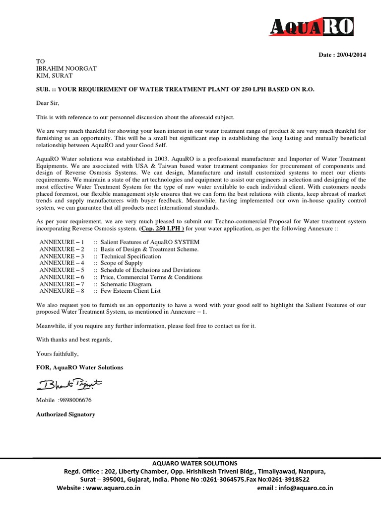 Quotation of RO Plant From AQUARO WATER SOUTIONS PDF | PDF | Water ...