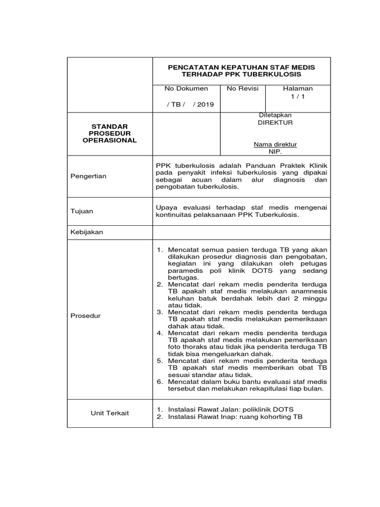 Sop Pencatatan Kepatuhan Staf Medis Terhadap PPK Tuberkulosis | PDF